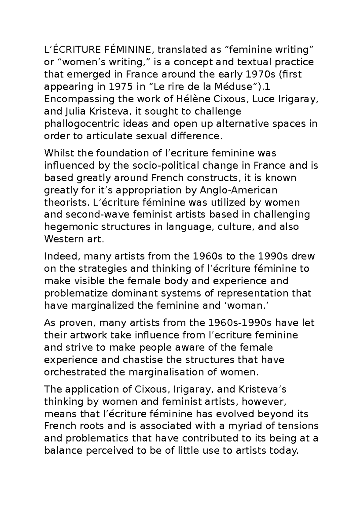 L'ecriture feminine - Comparative piece - L’ÉCRITURE FÉMININE ...