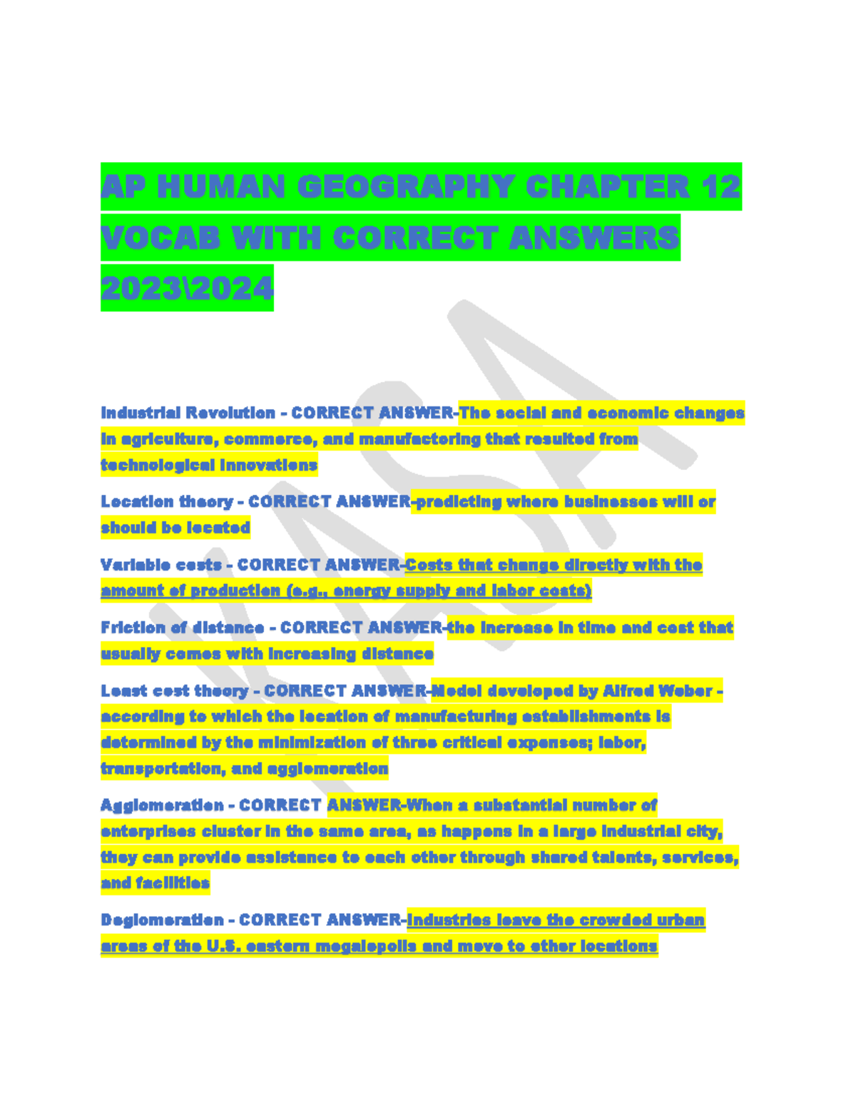 AP Human Geography Chapter 12 Vocab WITH Correct Answers 2023 - AP ...