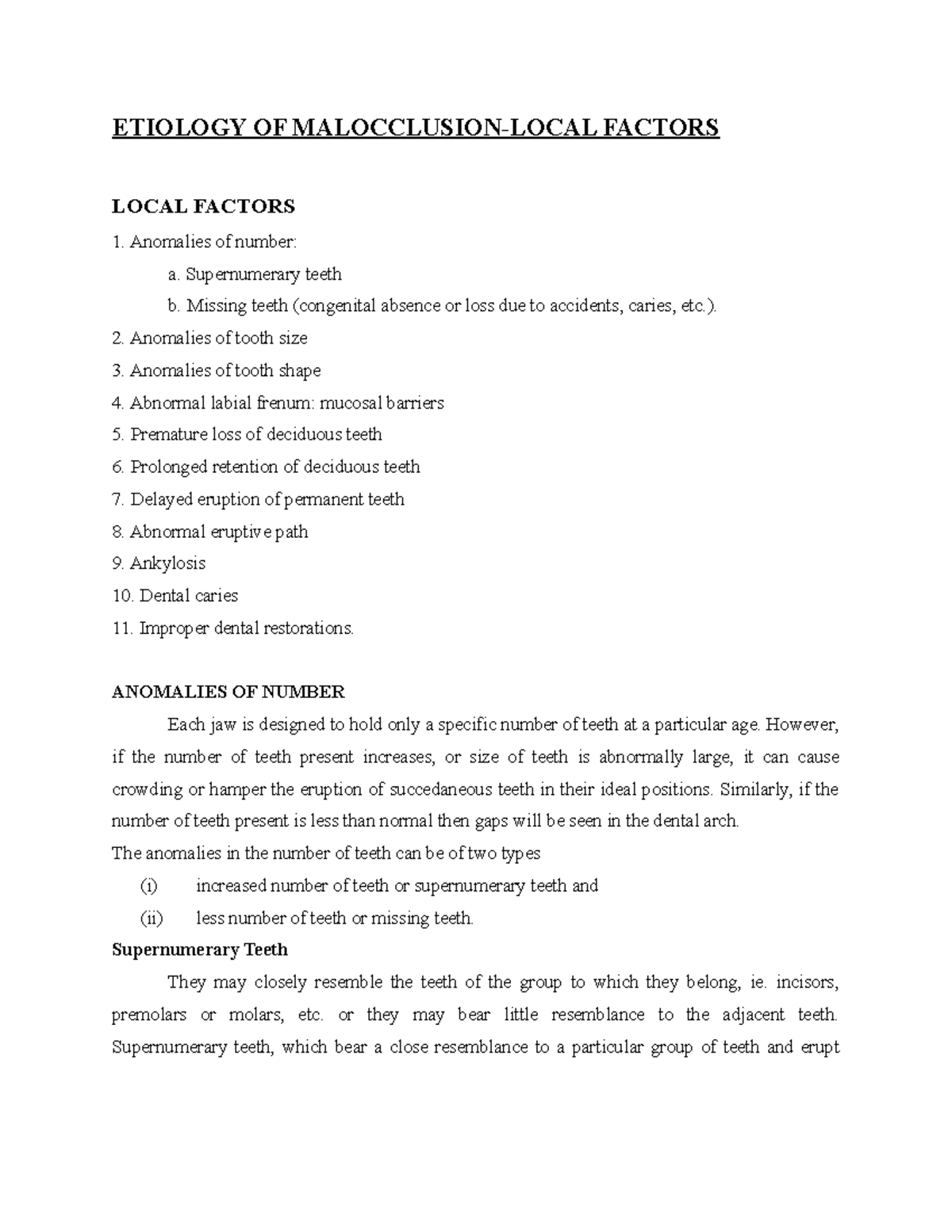 Local factors - ETIOLOGY OF MALOCCLUSION-LOCAL FACTORS LOCAL FACTORS ...