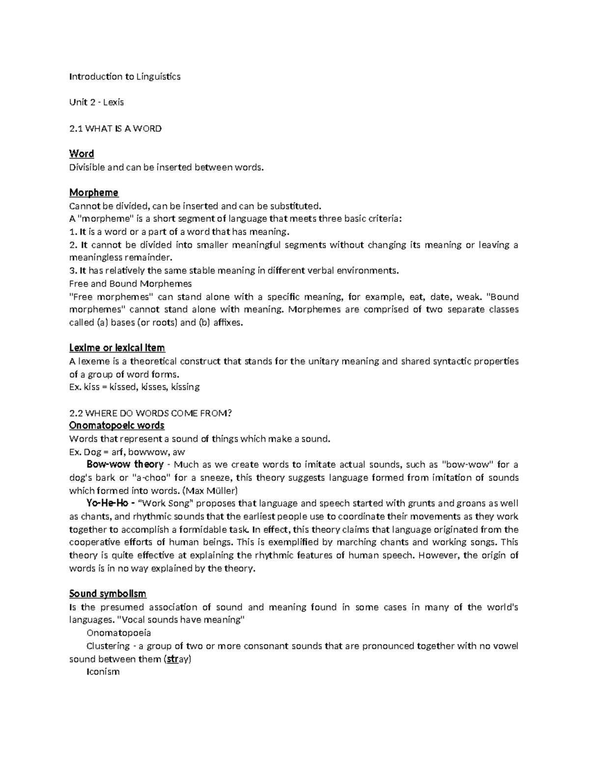 Notes Intro to Linguistics - Introduction to Linguistics Unit 2 - Lexis ...