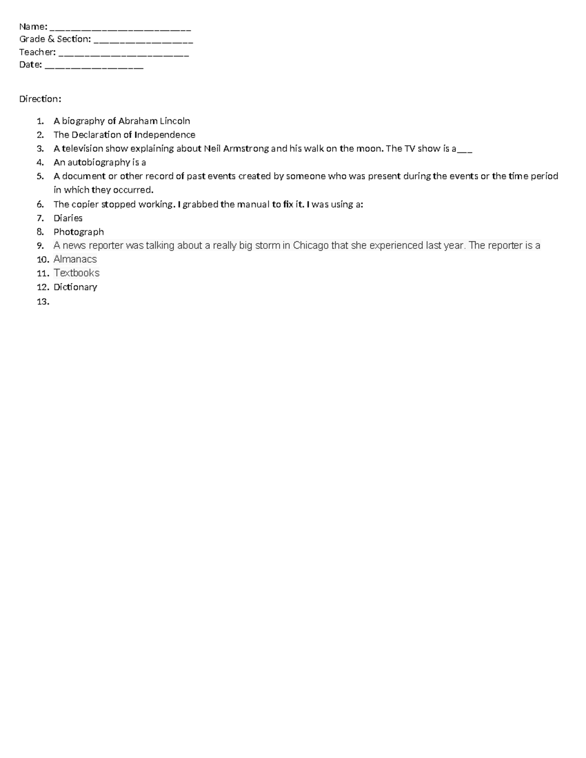 Eng10quiz - Name: ___________________________ Grade & Section ...