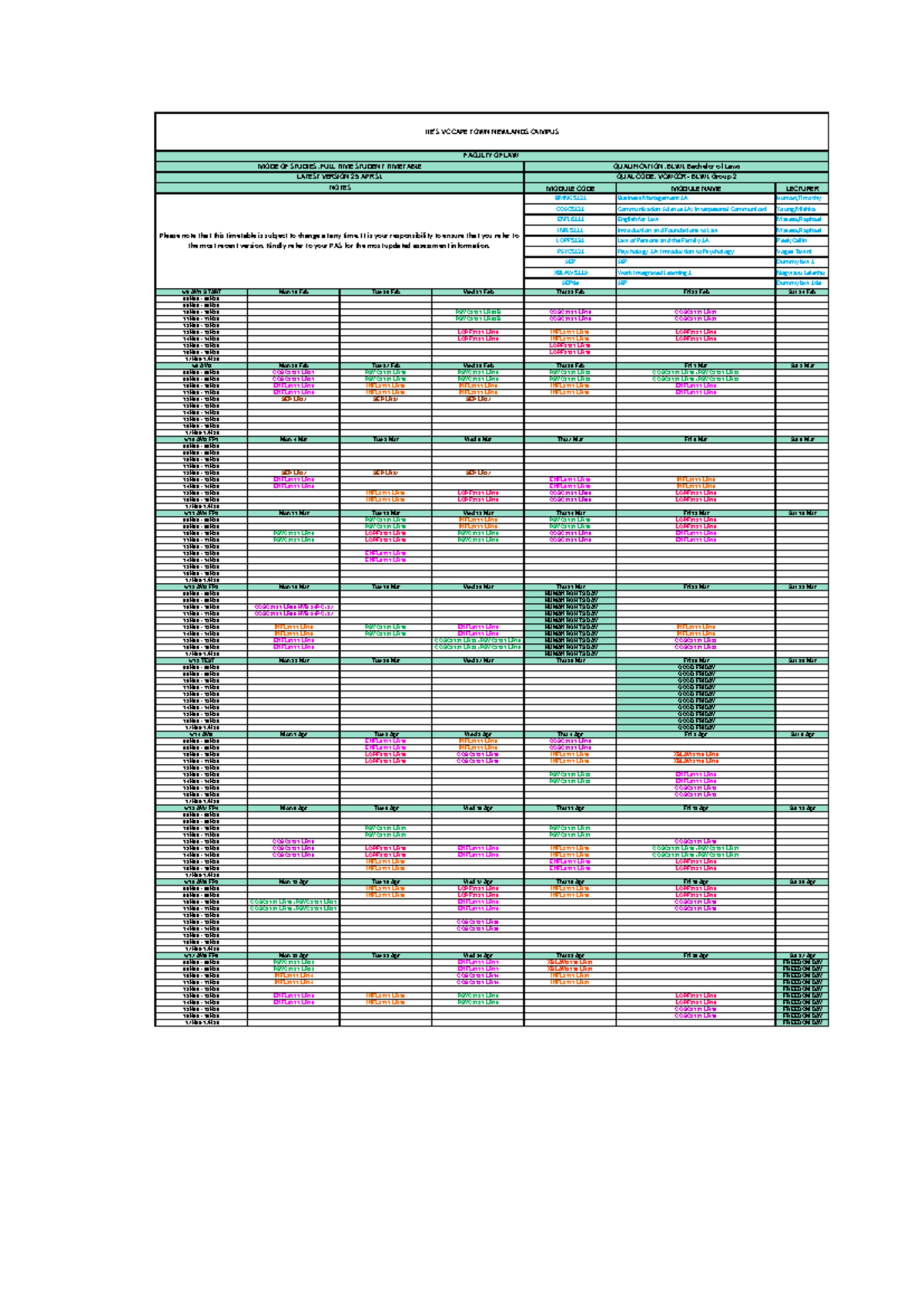BLW1 Group 2 25042024 - Timetable - MODULE CODE MODULE NAME LECTURER ...