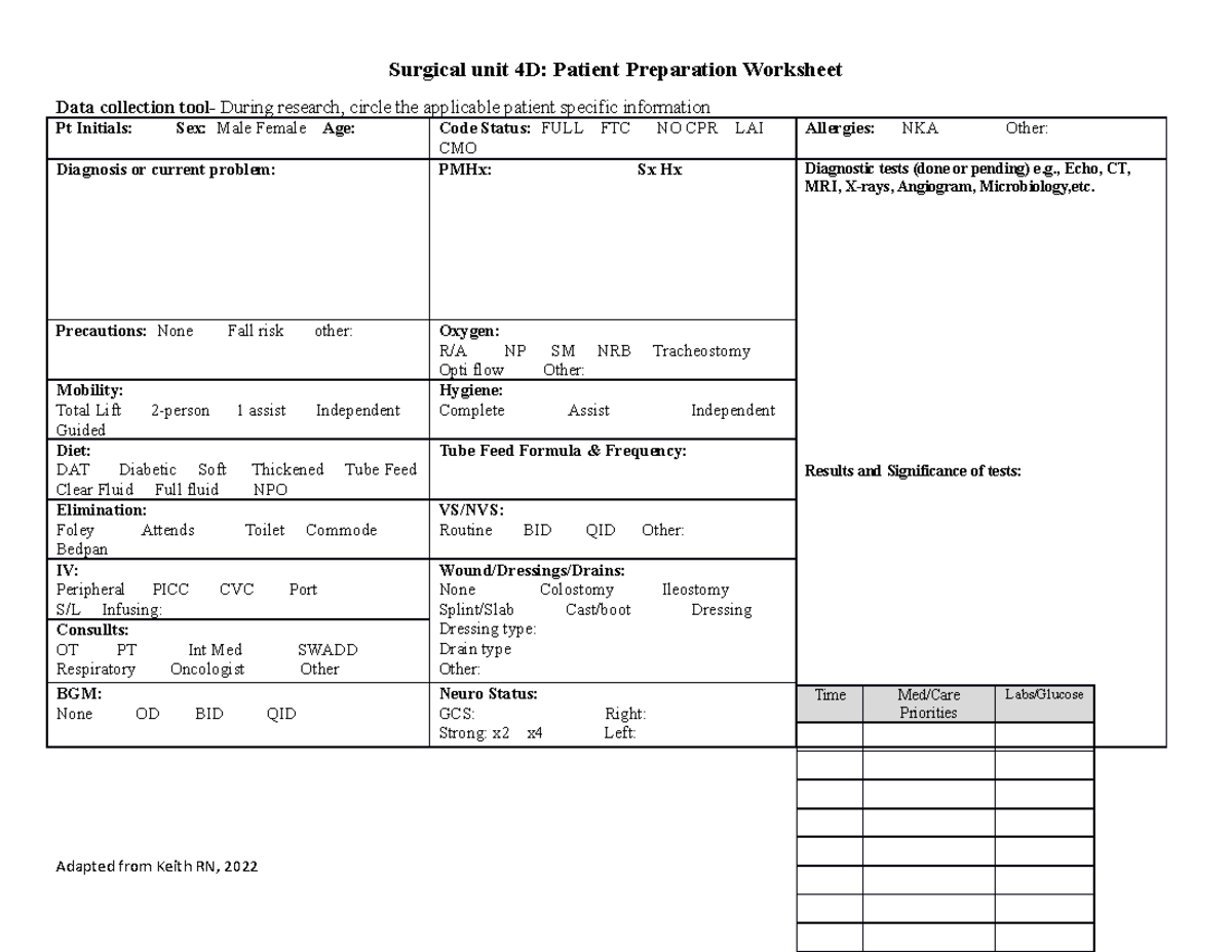 Patient research worksheet - Surgical unit 4D: Patient Preparation ...