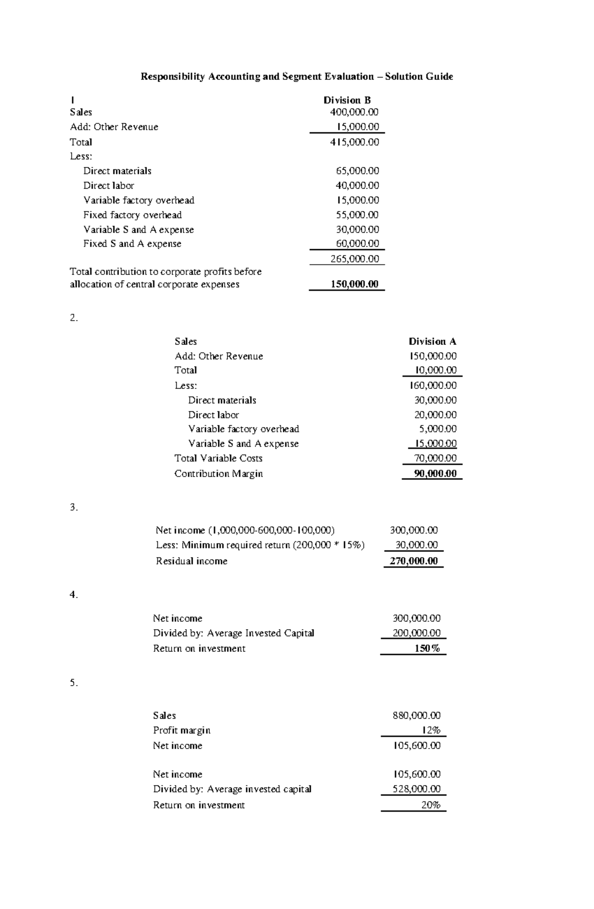Responsibility Accounting and Segment Evaluation Activity Solution Guide - Responsibility ...