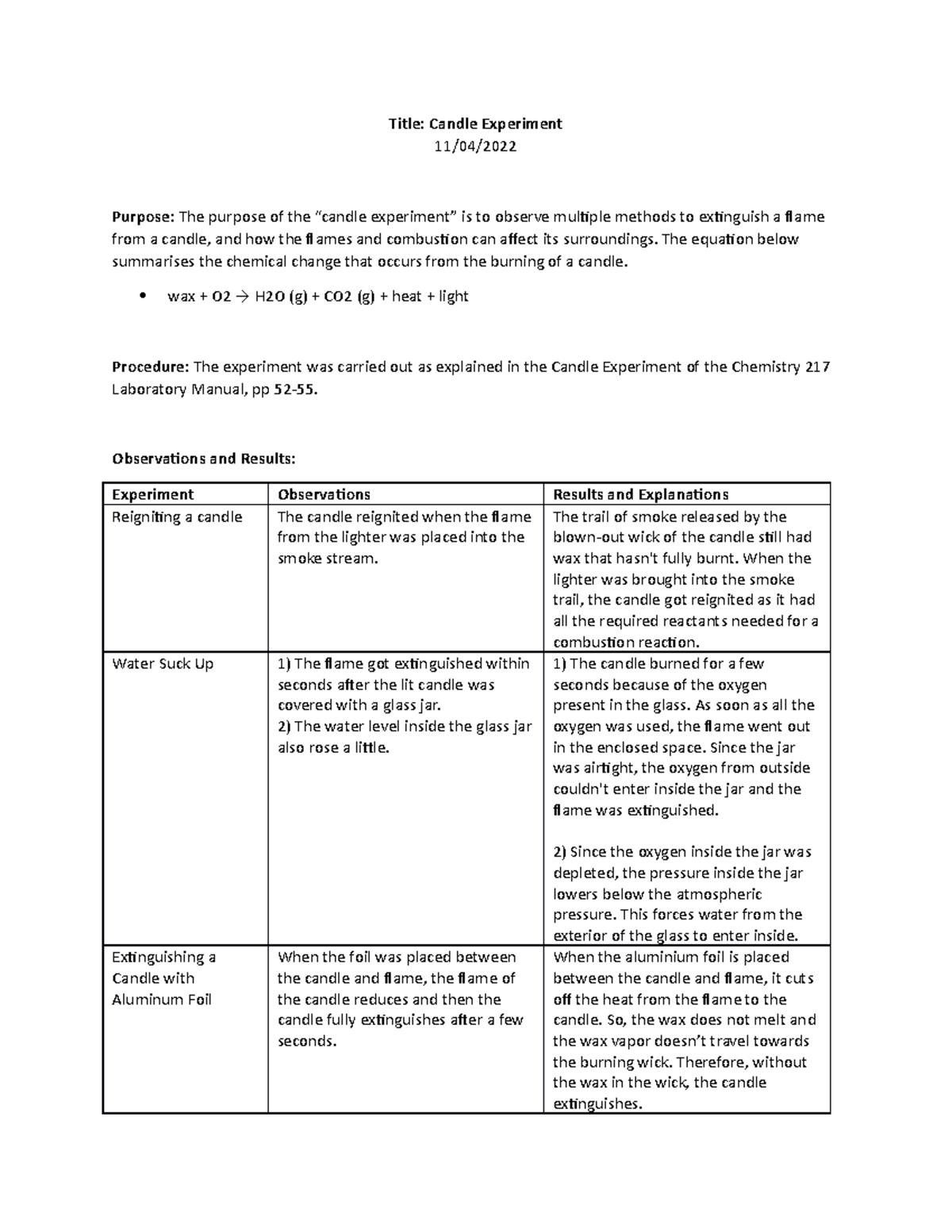 Lab Experiment - Candle Experiment - Title: Candle Experiment 11/04 ...