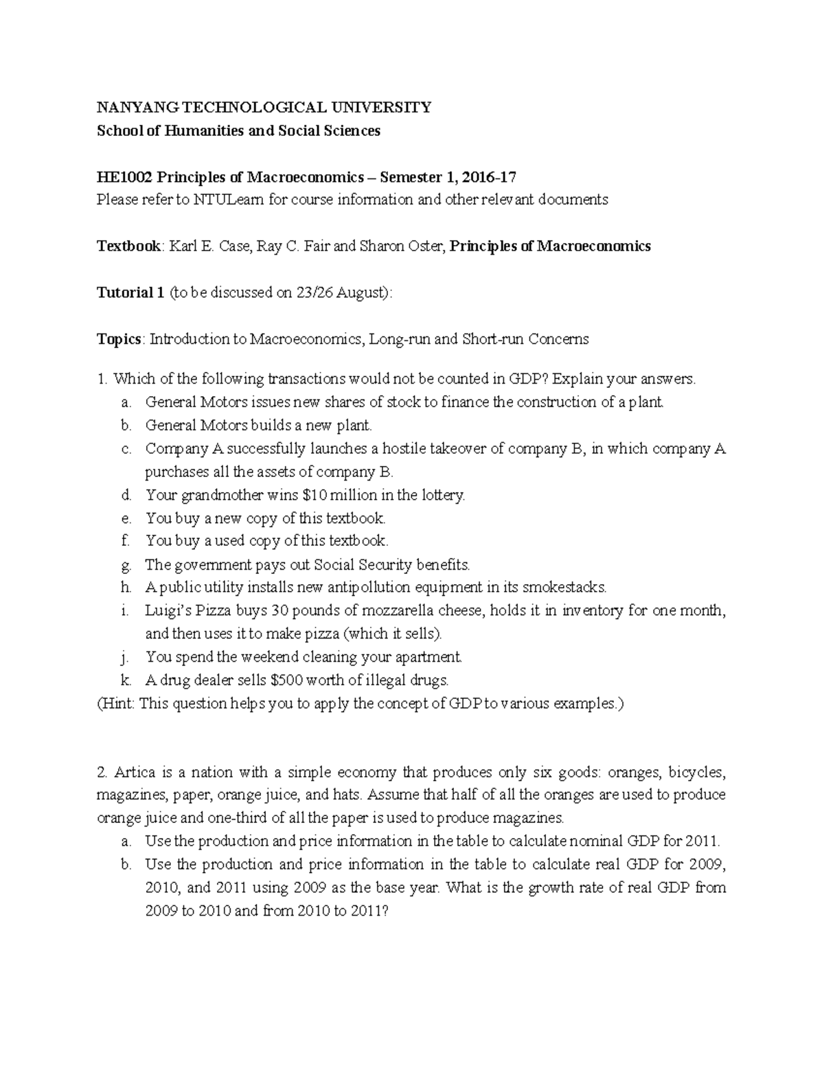 HE1002 Tutorial 1 Questions - NANYANG TECHNOLOGICAL UNIVERSITY School of Humanities and Social ...