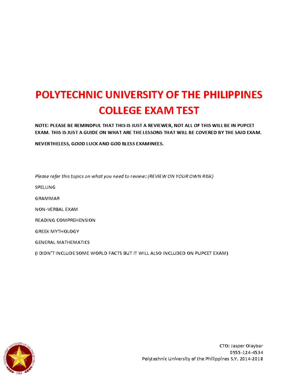 Pupcet reviewer with answer keys - CTO: Jasper Olaybar 0955 -124 ...