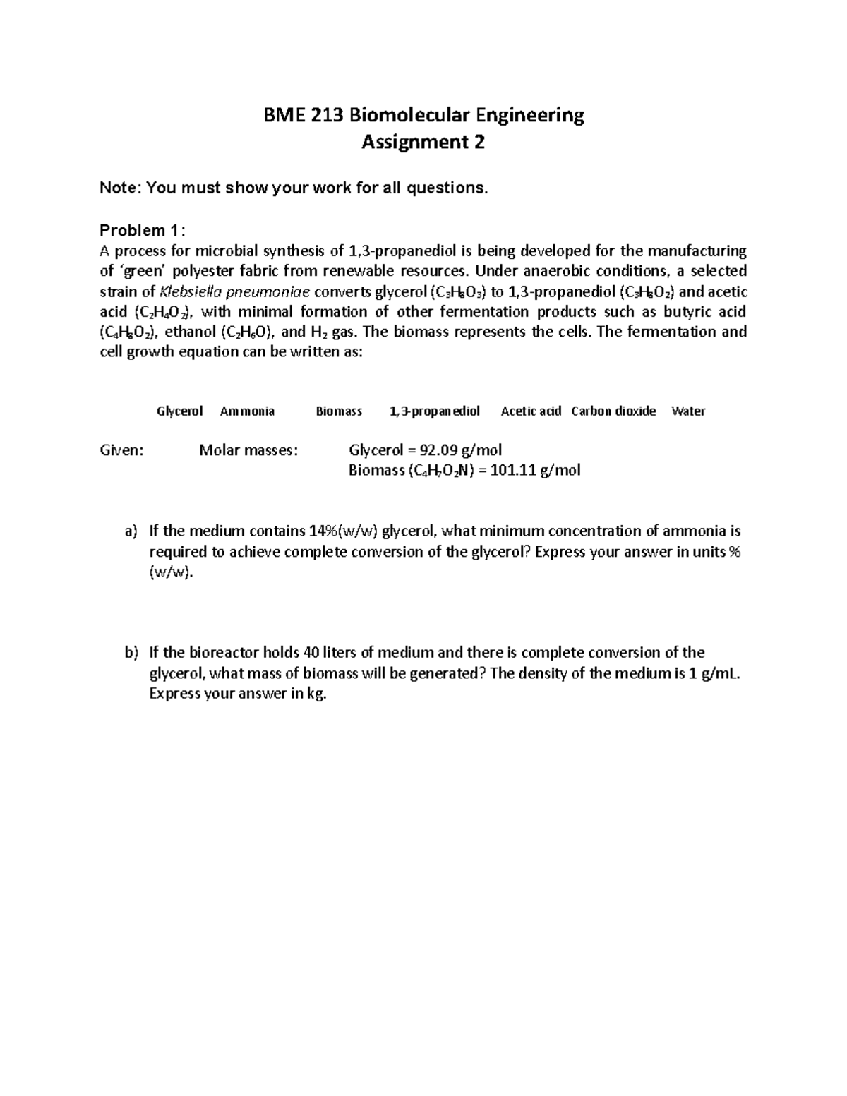 BME 213 Assignment 2 - Biomolecular Engineering HW 2 - BME 213 - BU - Studocu