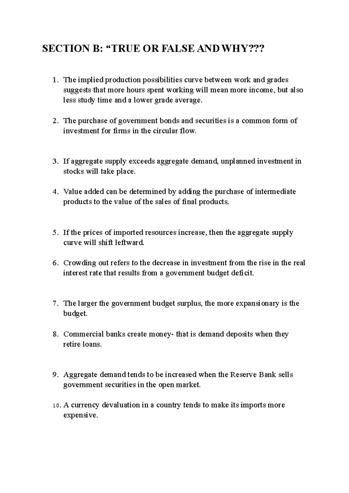 Section B - DEFINITIONS - SECTION B: “TRUE OR FALSE AND WHY??? The ...