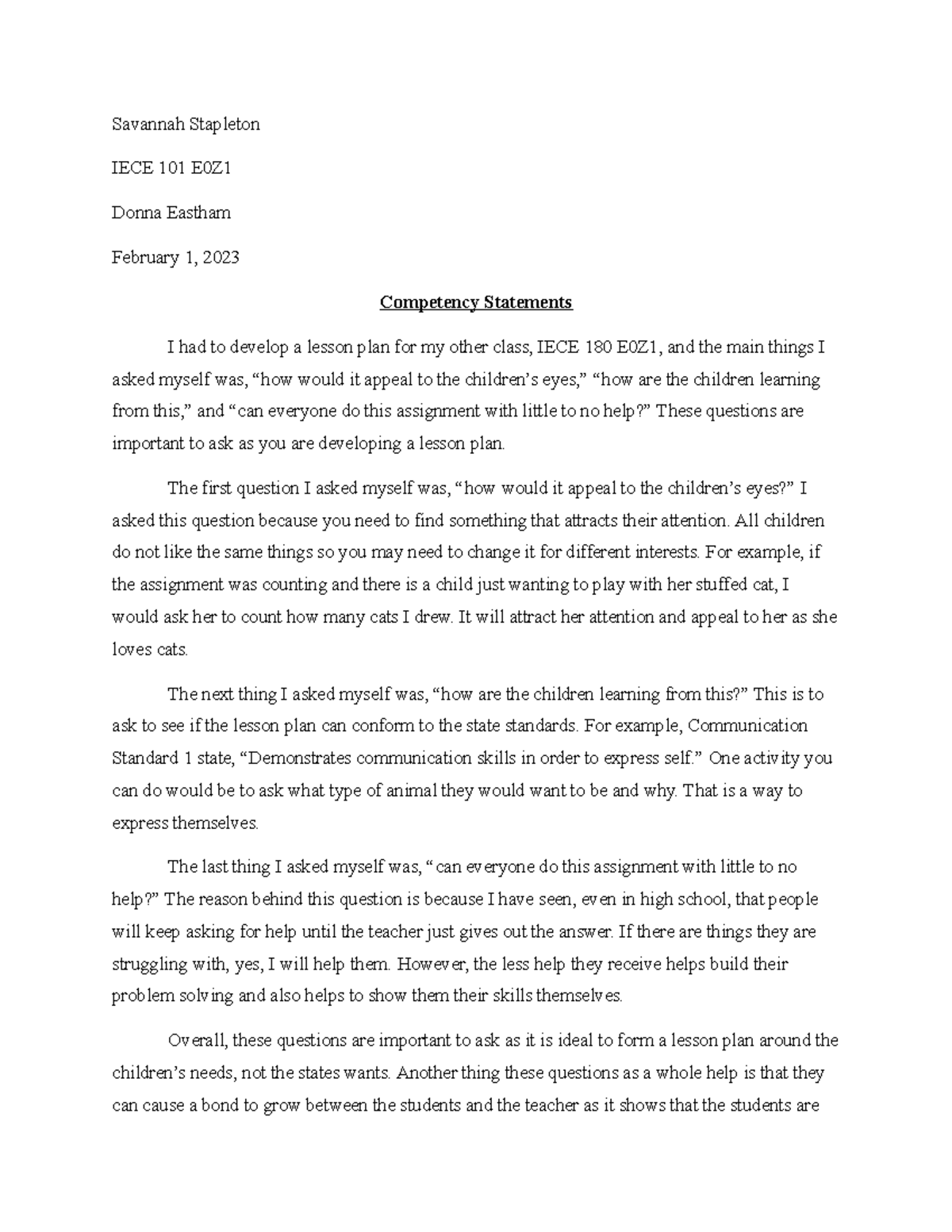 Compentency Statements - Savannah Stapleton IECE 101 E0Z Donna Eastham ...