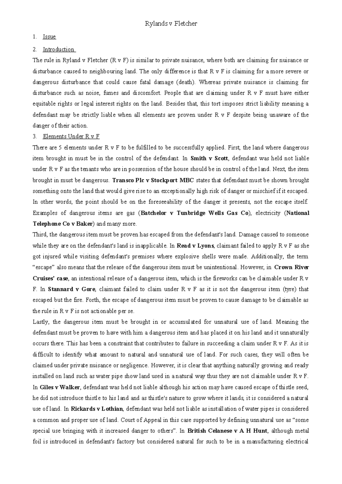 Rylands v Fletcher - NNNN - Rylands v Fletcher Issue Introduction The rule in Ryland v Fletcher ...