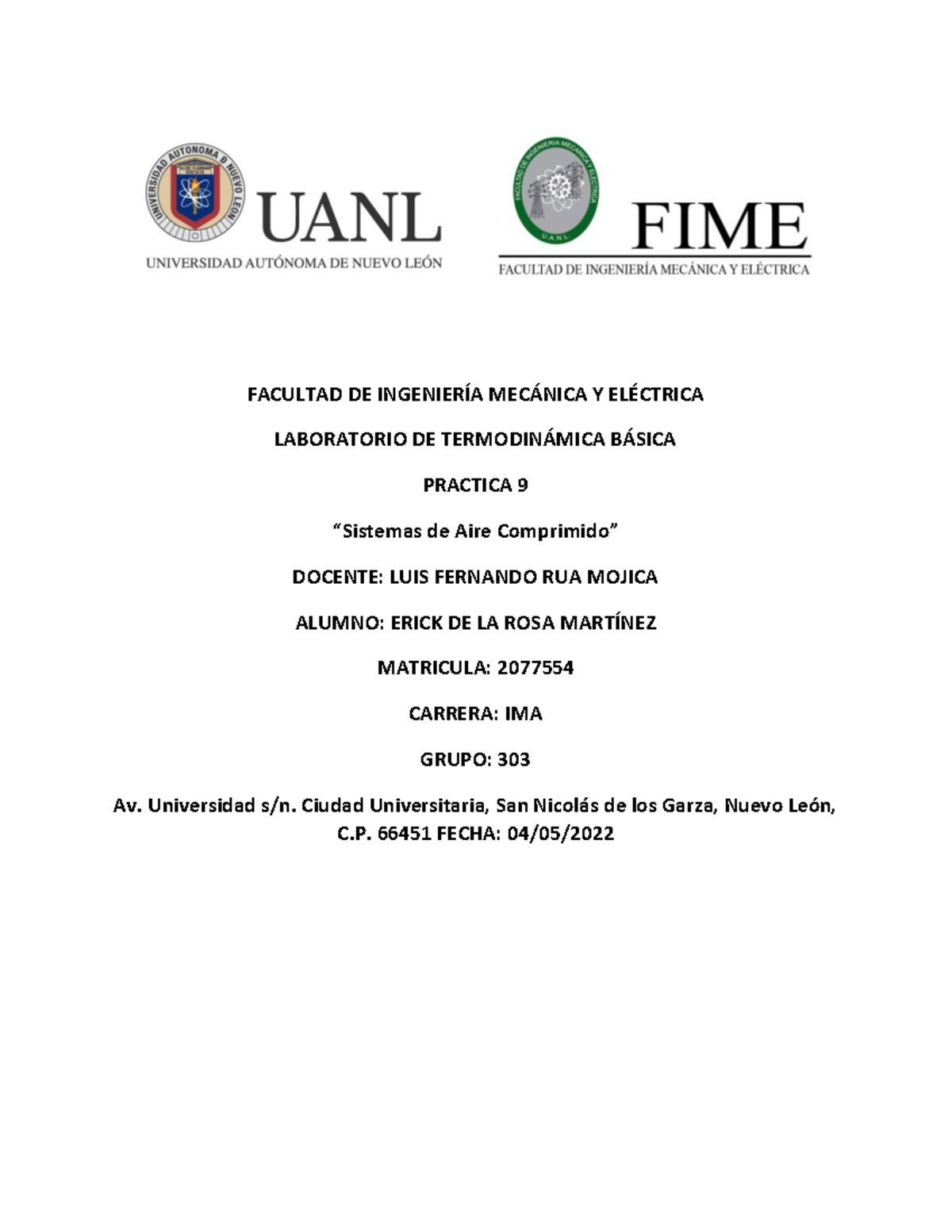 Practica 9- Mat. 2077554 - FACULTAD DE INGENIERÕA MEC¡NICA Y EL.. LABORATORIO DE TERMODIN¡MICA ...