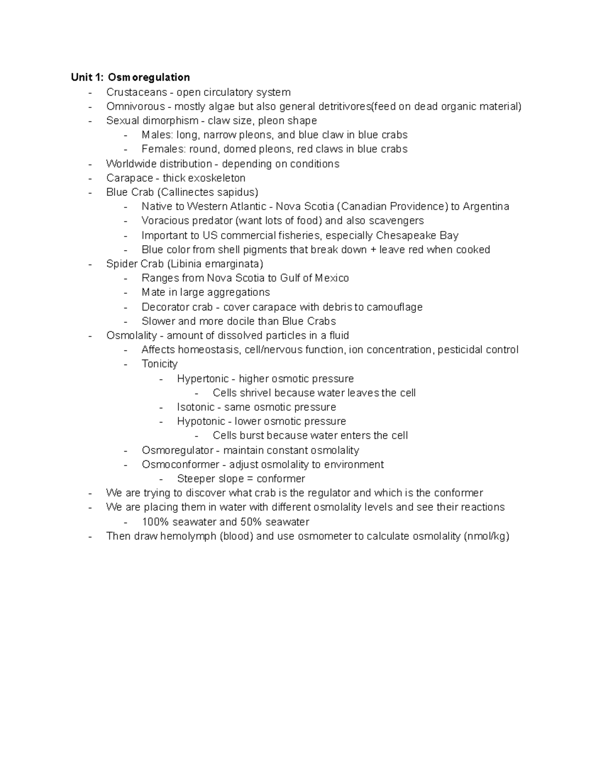 IB 202 Lab Notes - Unit 1 - Unit 1: Osmoregulation - Crustaceans - open ...
