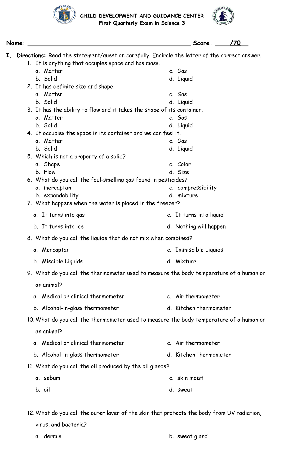 G3 1ST Quarterly EXAM Science - CHILD DEVELOPMENT AND GUIDANCE CENTER ...