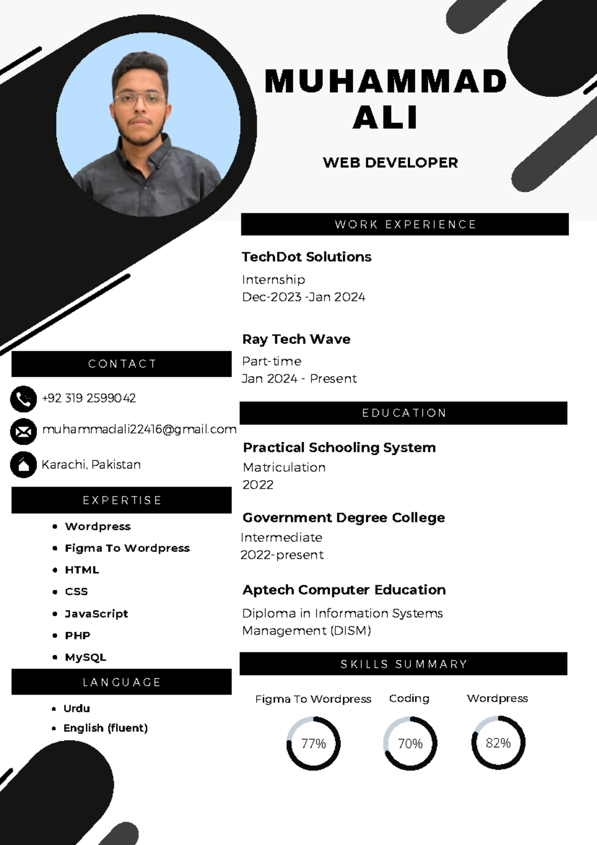 Resume - abc - MUHAMMAD ALI WEB DEVELOPER W O R K E X P E R I E N C E E D U C A T I O N - Studocu