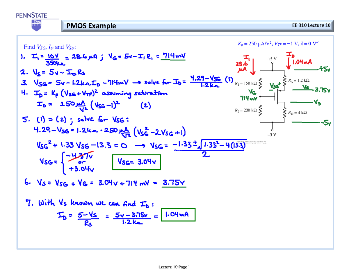 Lecture 10 - E E 310 - PMOS Example EE 310 Lecture 10 Kp = 250 μA/V 2 ...
