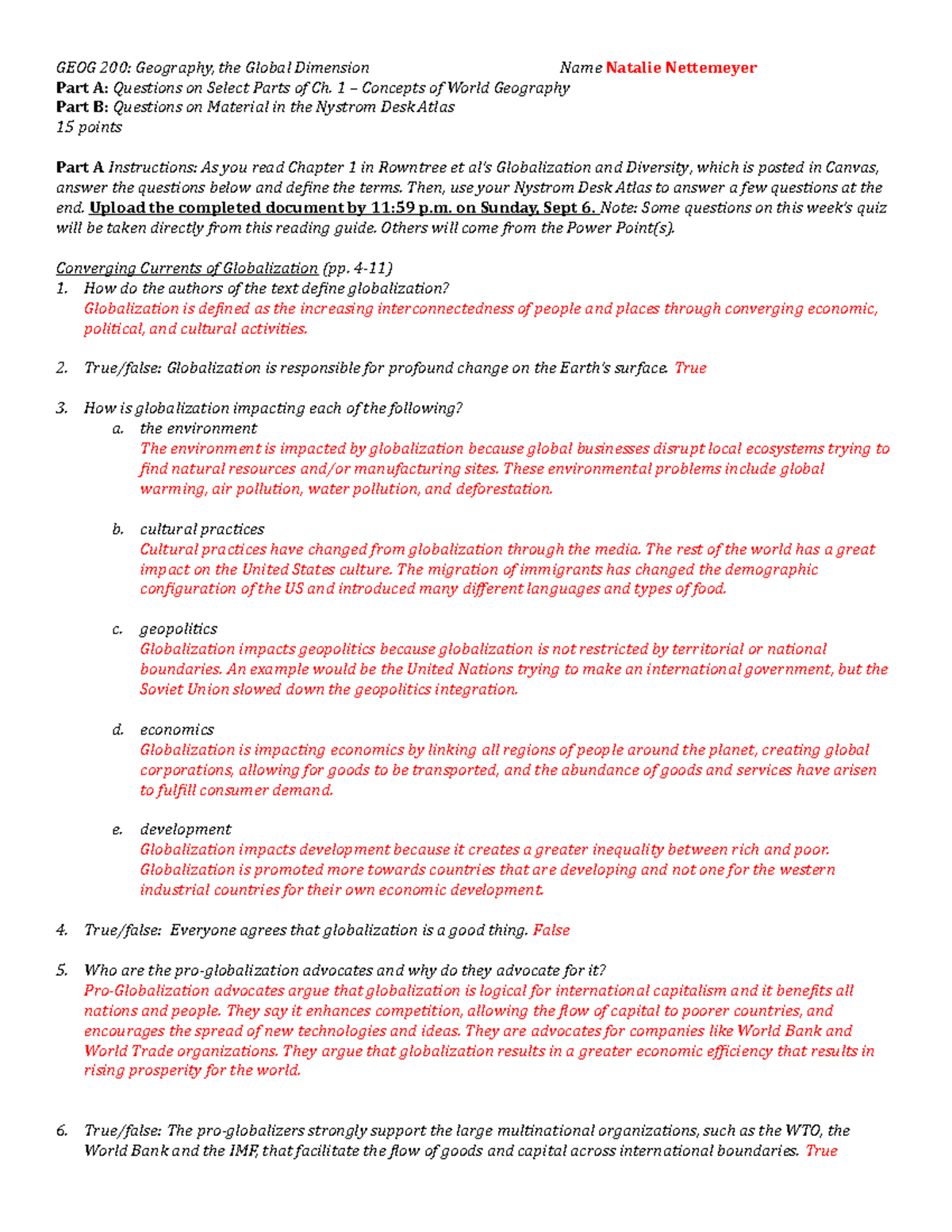 Rowntree Ch 1 and atlas questions FALL2020 - GEOG 200: Geography, the ...