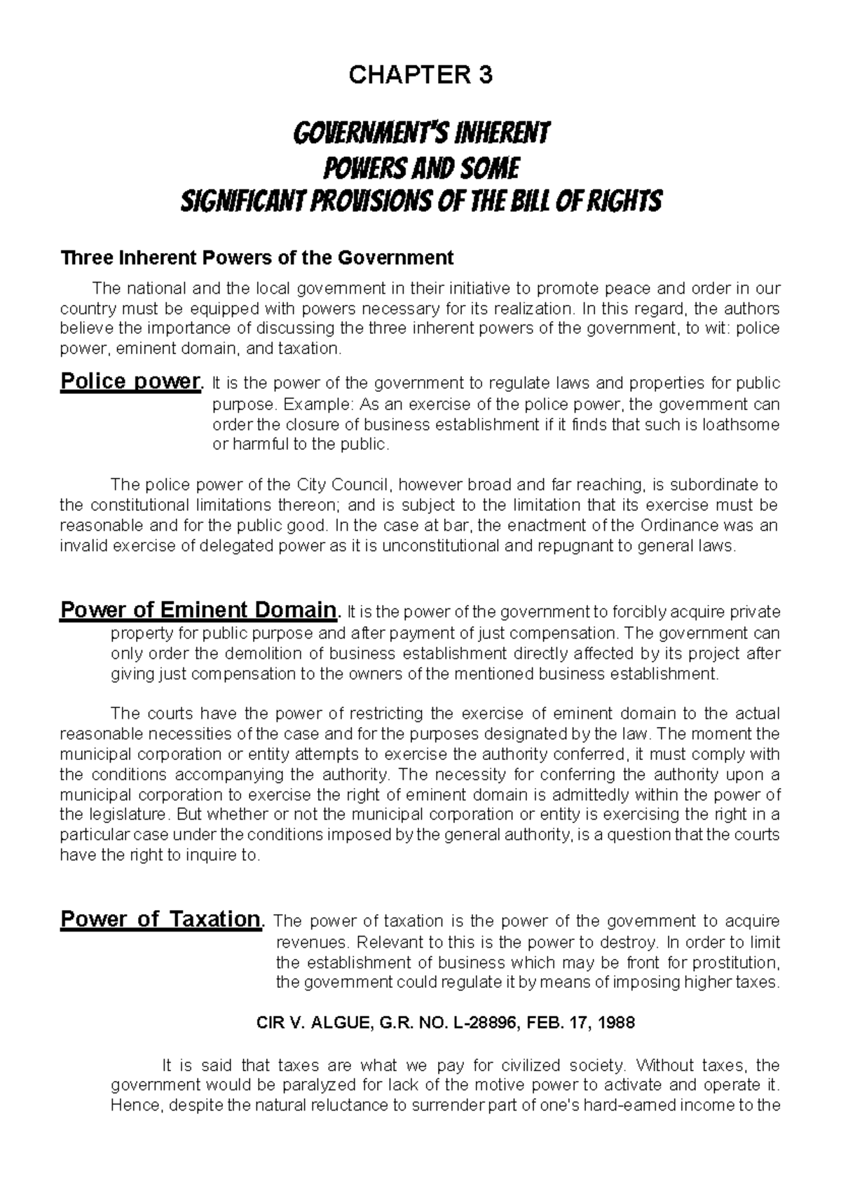 Module-3 - Modules - CHAPTER 3 GOVERNMENT'S INHERENT POWERS AND SOME ...