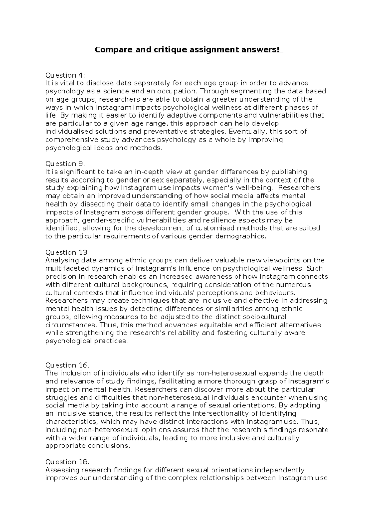 Compare and critique assignment answers - Compare and critique ...