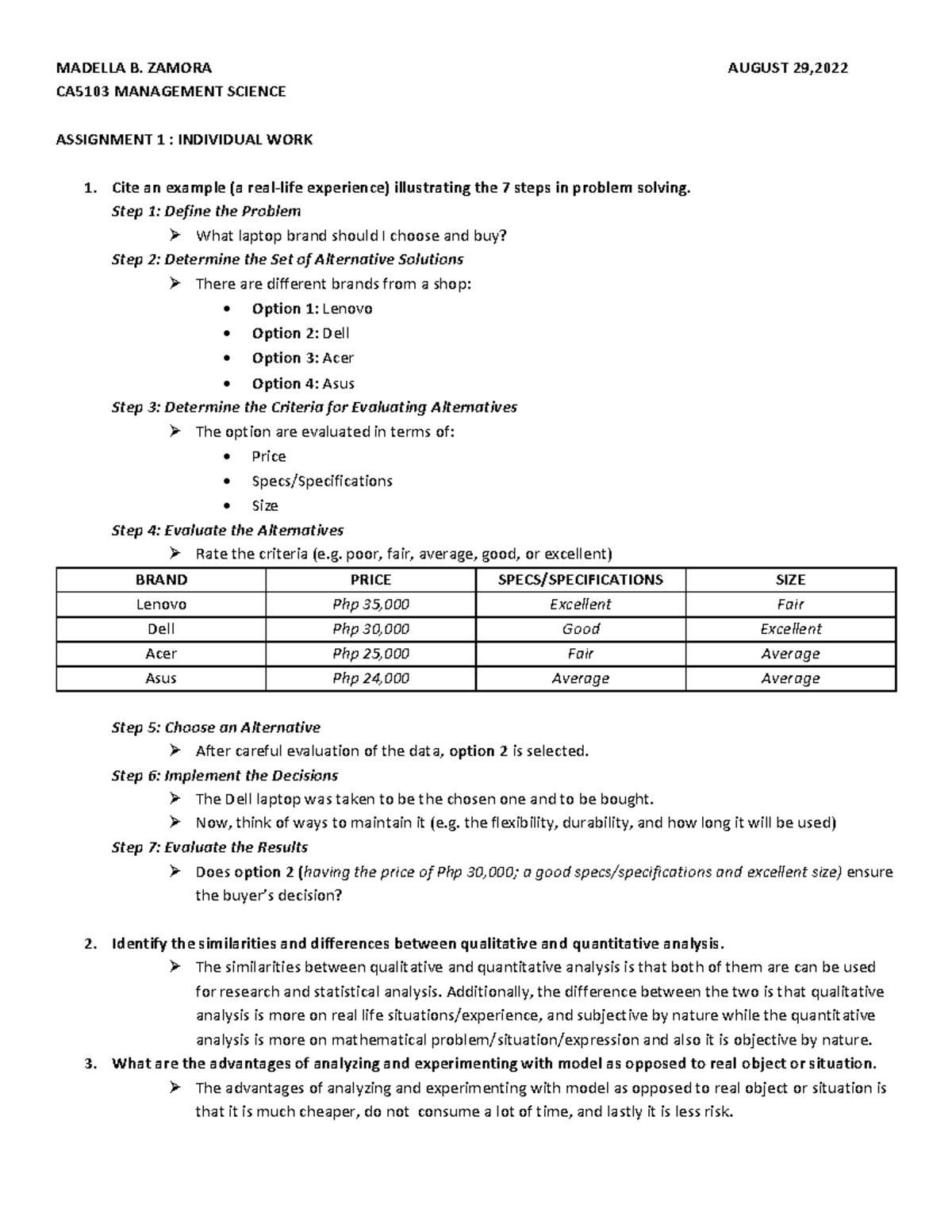 Assignment 1 - Individual WORK - MADELLA B. ZAMORA AUGUST 29, CA5103 MANAGEMENT SCIENCE ...