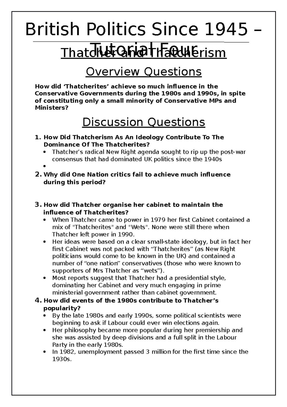 British Politics Since 1945 Tutorial 4 - Thatcher and Thatcherism ...
