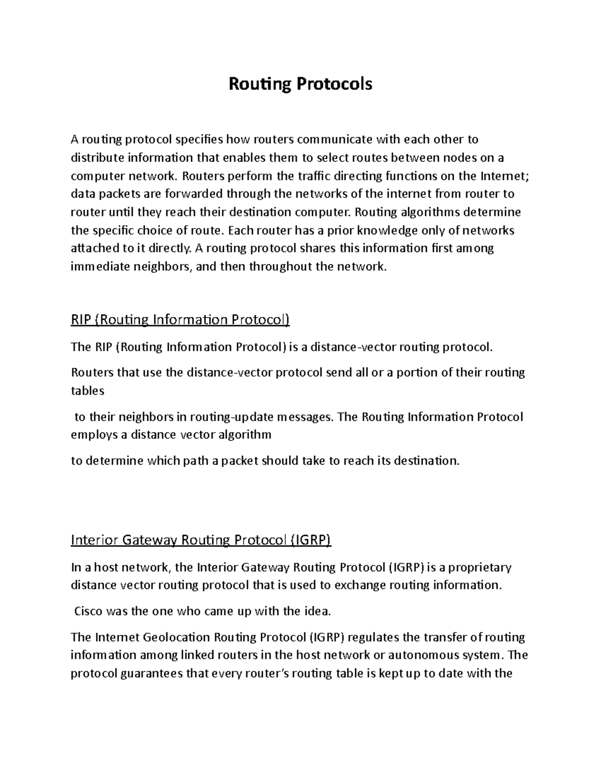 Routing Protocols.docx - Routing Protocols A routing protocol specifies how routers communicate ...