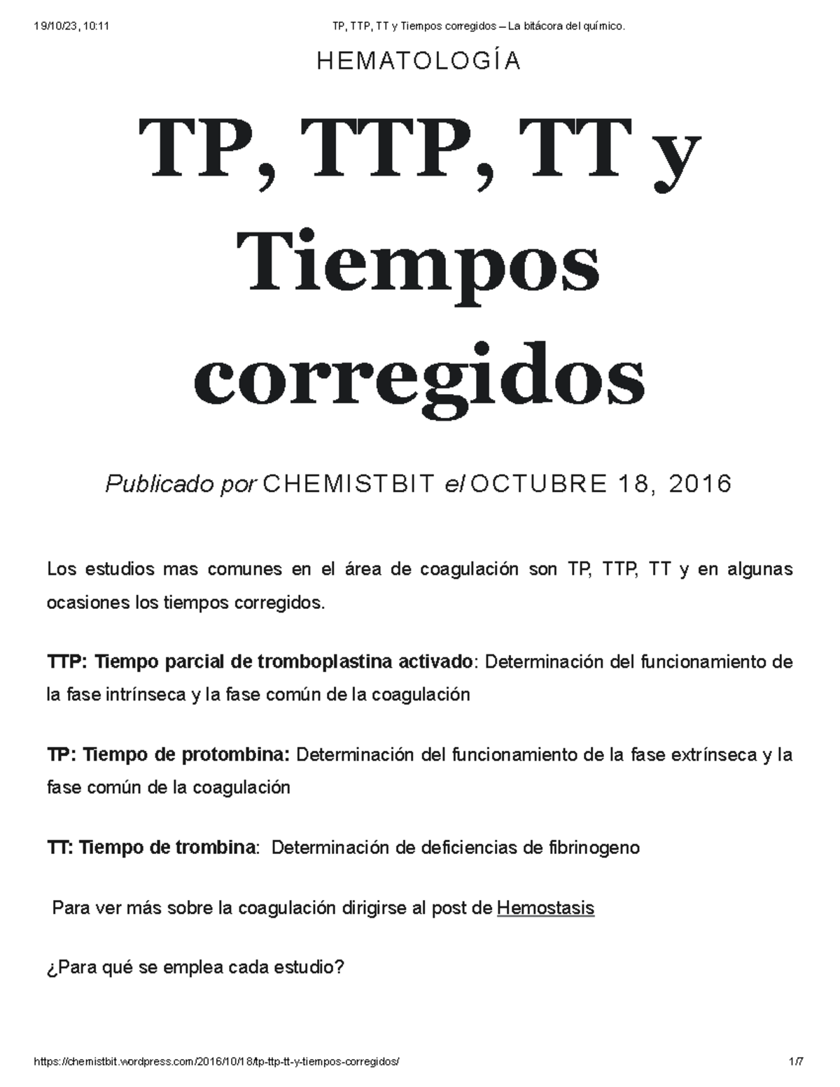 TP, TTP, TT y Tiempos corregidos – La bitácora del químico - HEMATO L ...