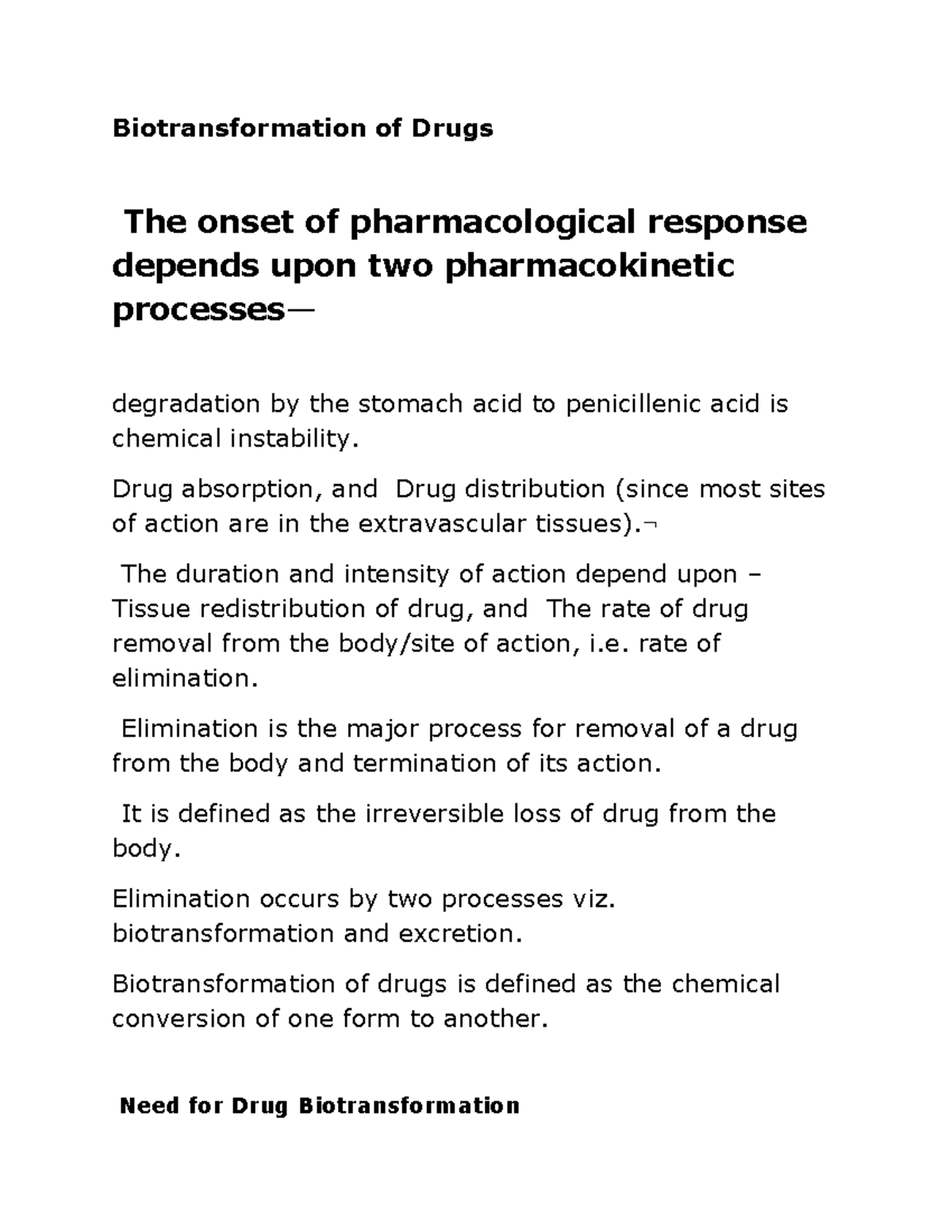 Biotransformation of Drugs docx - Biotransformation of Drugs The onset ...