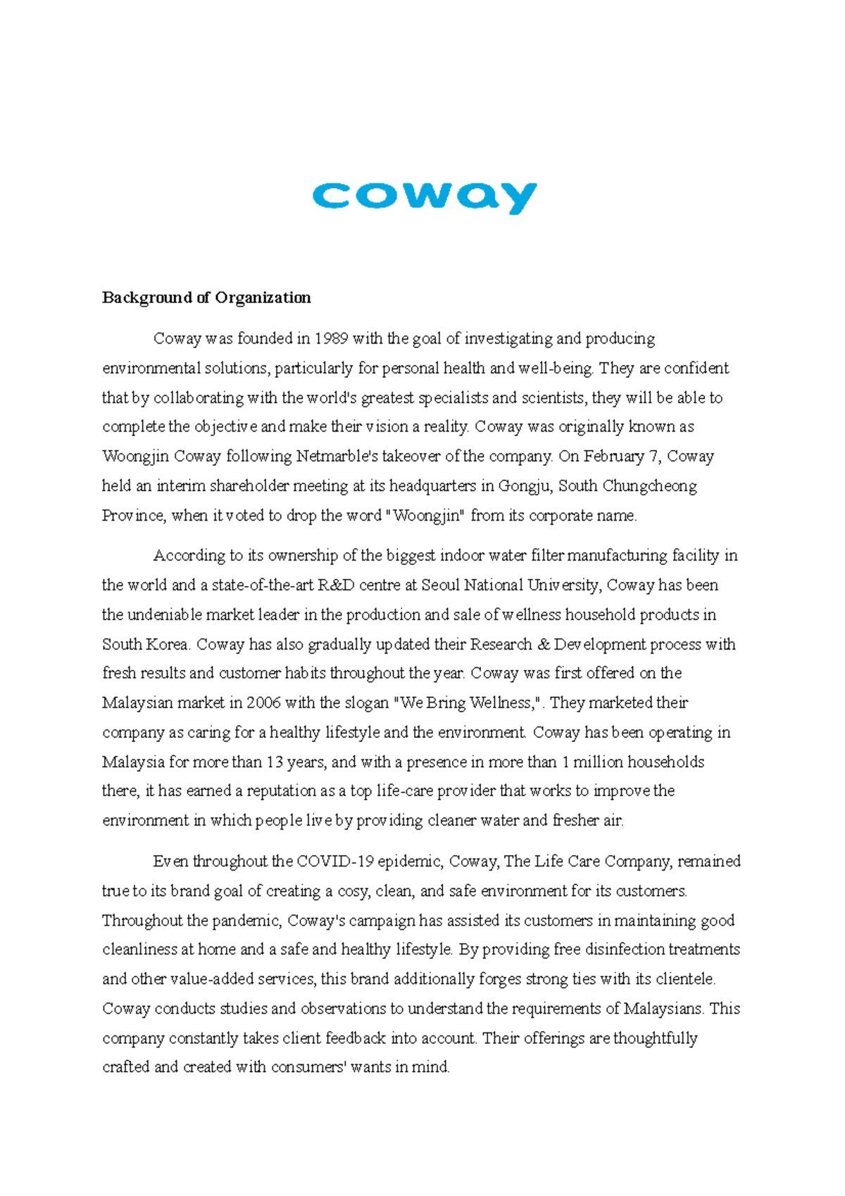 Assignment Background, i,ii - Background of Organization Coway was ...