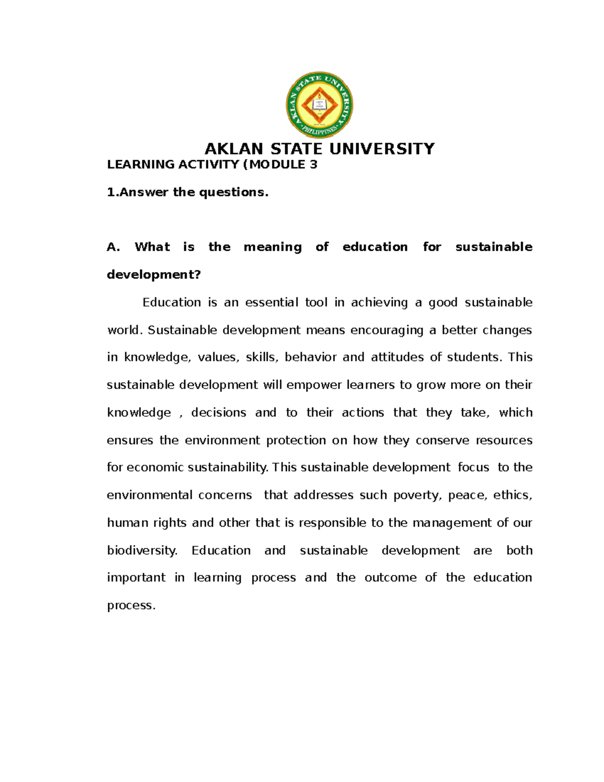 M3 Special Topics - AKLAN STATE UNIVERSITY LEARNING ACTIVITY (MODULE 3 ...