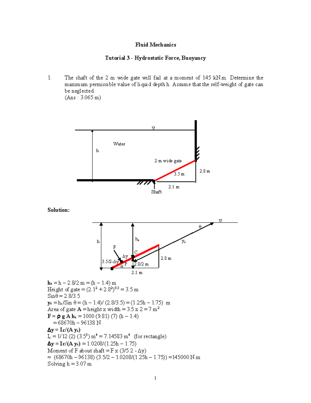 CV1012 Fluid Mechanics Tutorial 3 Solution - Fluid Mechanics Tutorial 3 - Hydrostatic Force ...