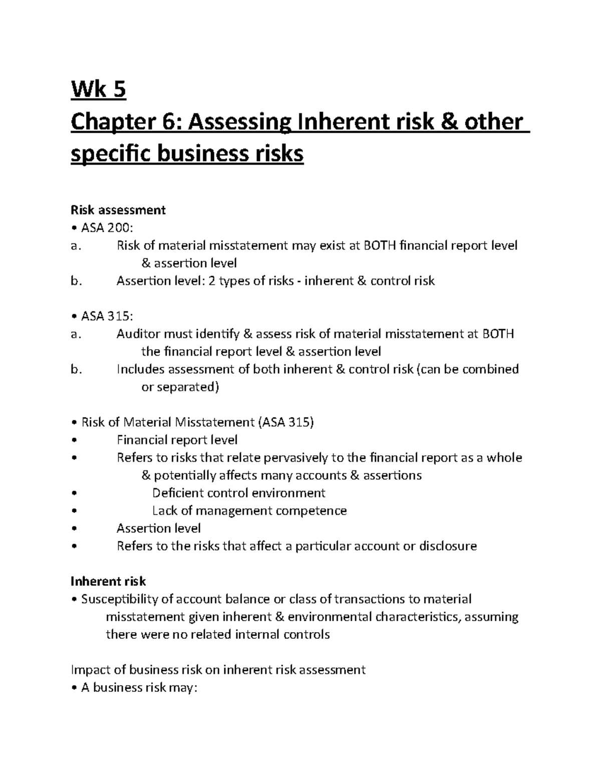 Wk 5 - wk 5 lecture - Wk 5 Chapter 6: Assessing Inherent risk &amp ...