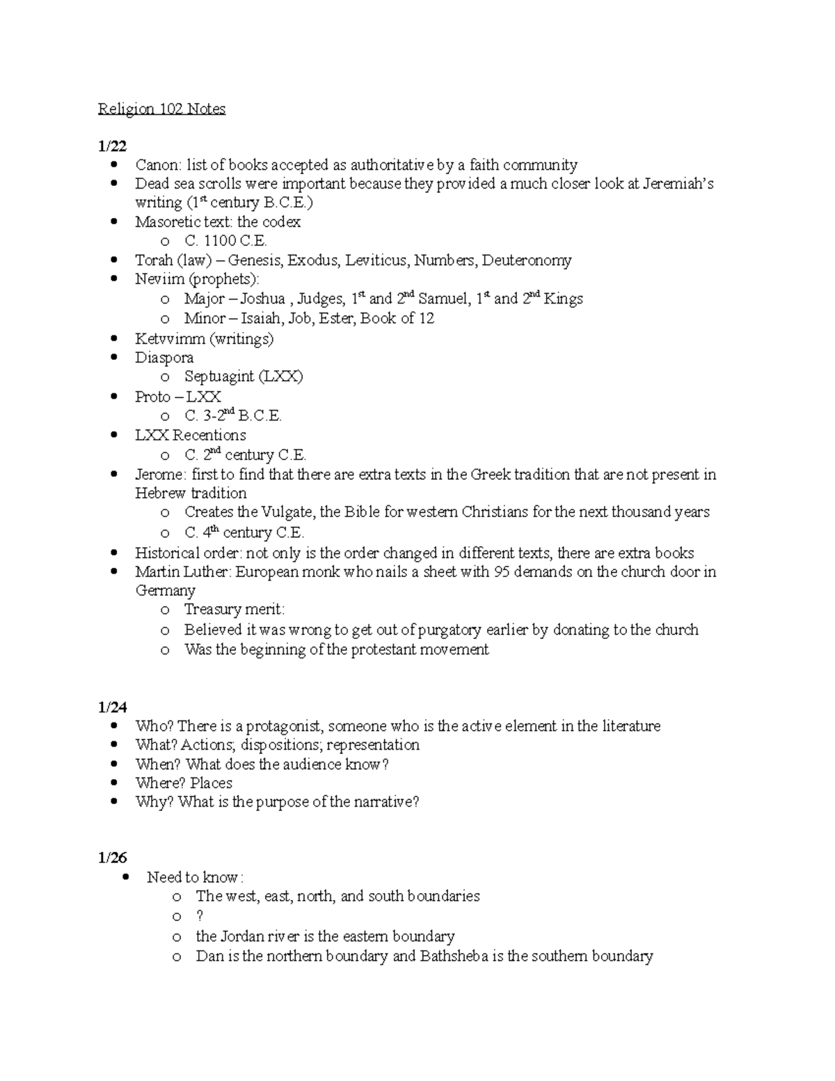 Religion 102 Notes, Exams 1 + 2 - Religion 102 Notes 1/ Canon: list of ...