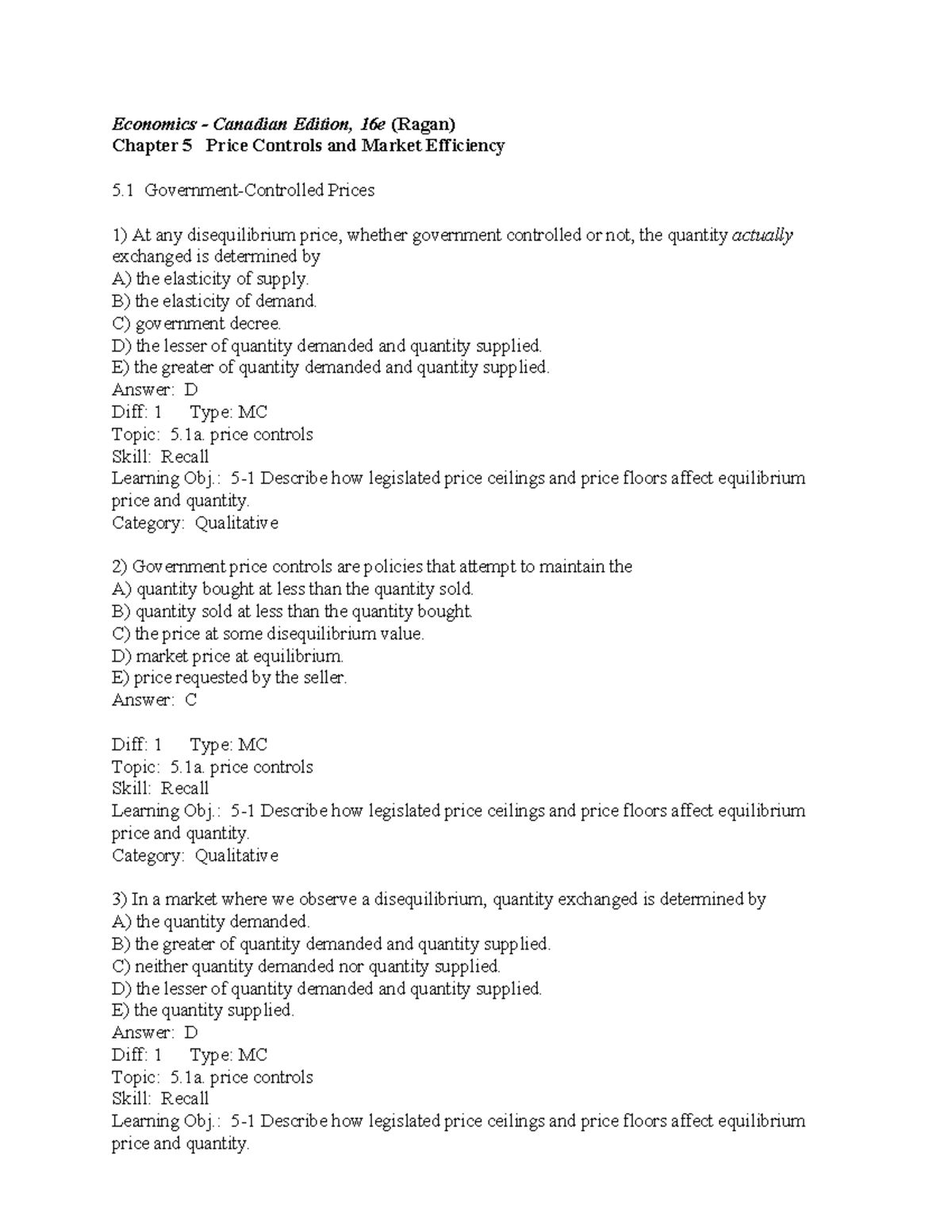 Chapter 05.docx 1 .pdf - Economics - Canadian Edition, 16e (Ragan) Chapter 5 Price Controls and ...