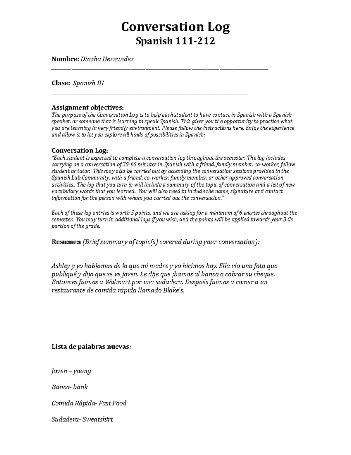 Conversation+Log last - Conversation Log Spanish 111- Nombre: Diazha ...
