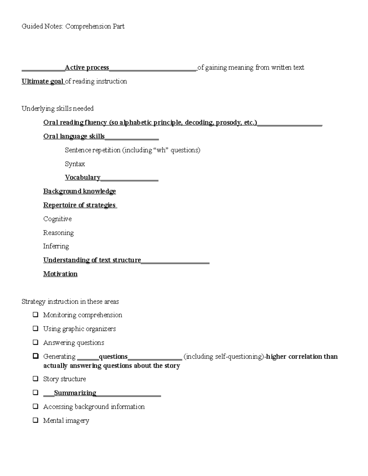 Guided Notes Comprehension - )__________________ Oral language skills ...