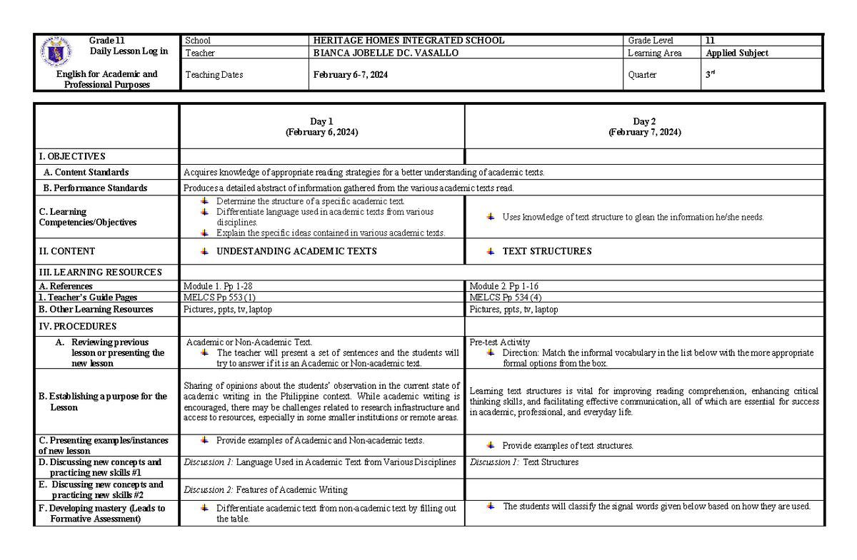 EAPP DLL feb 6-7 - DLL - Grade 11 Daily Lesson Log in English for ...