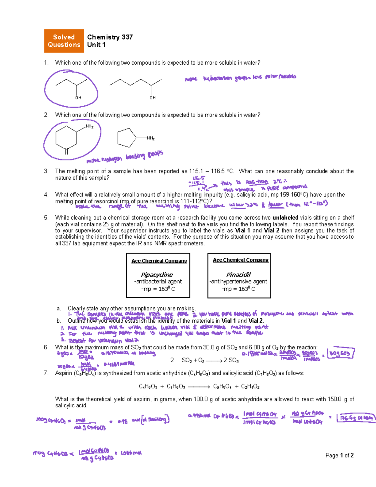 Unit 1 solved questions - Page 1 of 2 Solved Questions Chemistry 337 ...