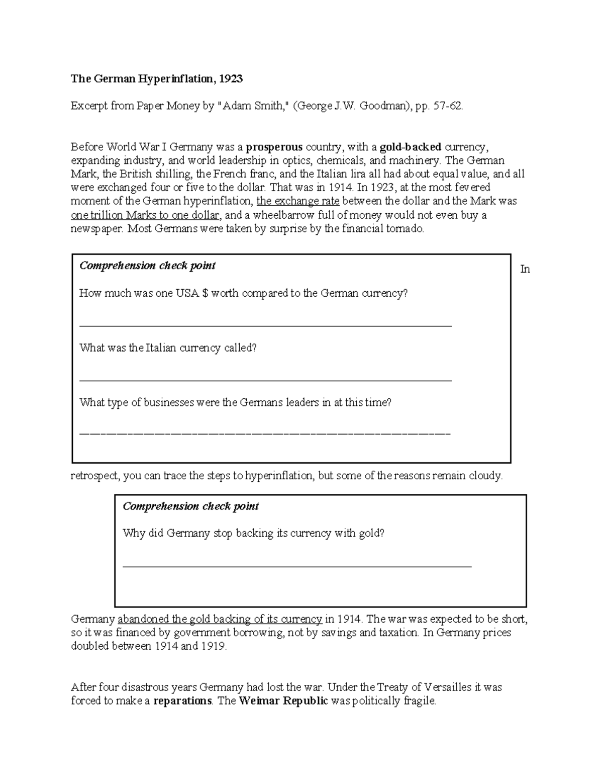The German Hyperinflation - Goodman), pp. 57-62. Before World War I ...