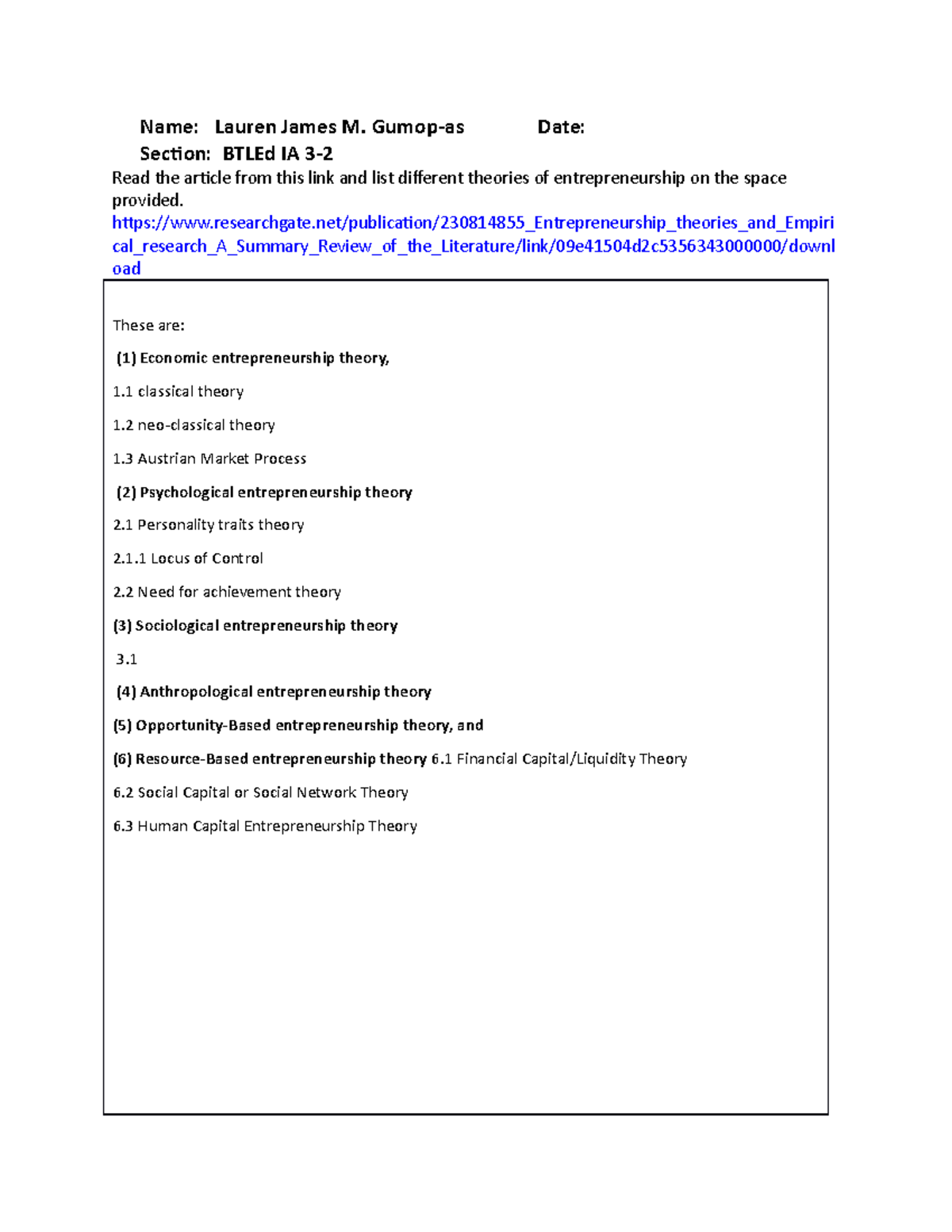 .theories of entrep.WPS Office - Name: Lauren James M. Gumop-as Date ...