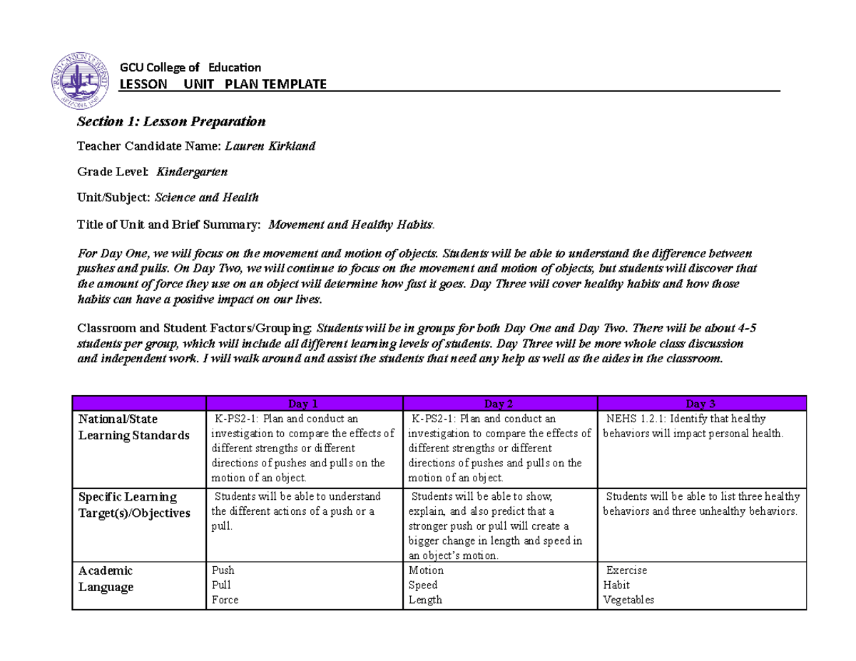 ELM-361 Benchmark Lkirk - Section 1: Lesson Preparation Teacher Candidate Name: Lauren Kirkland ...
