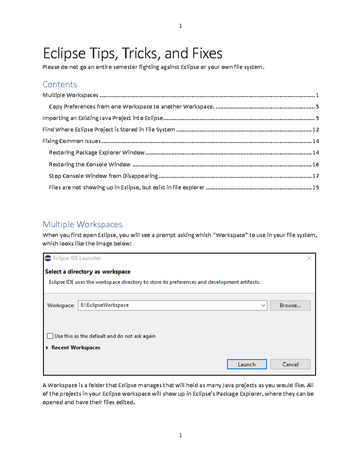 Eclipse Tips Tricks and Fixes - Contents Multiple Workspaces - Studocu