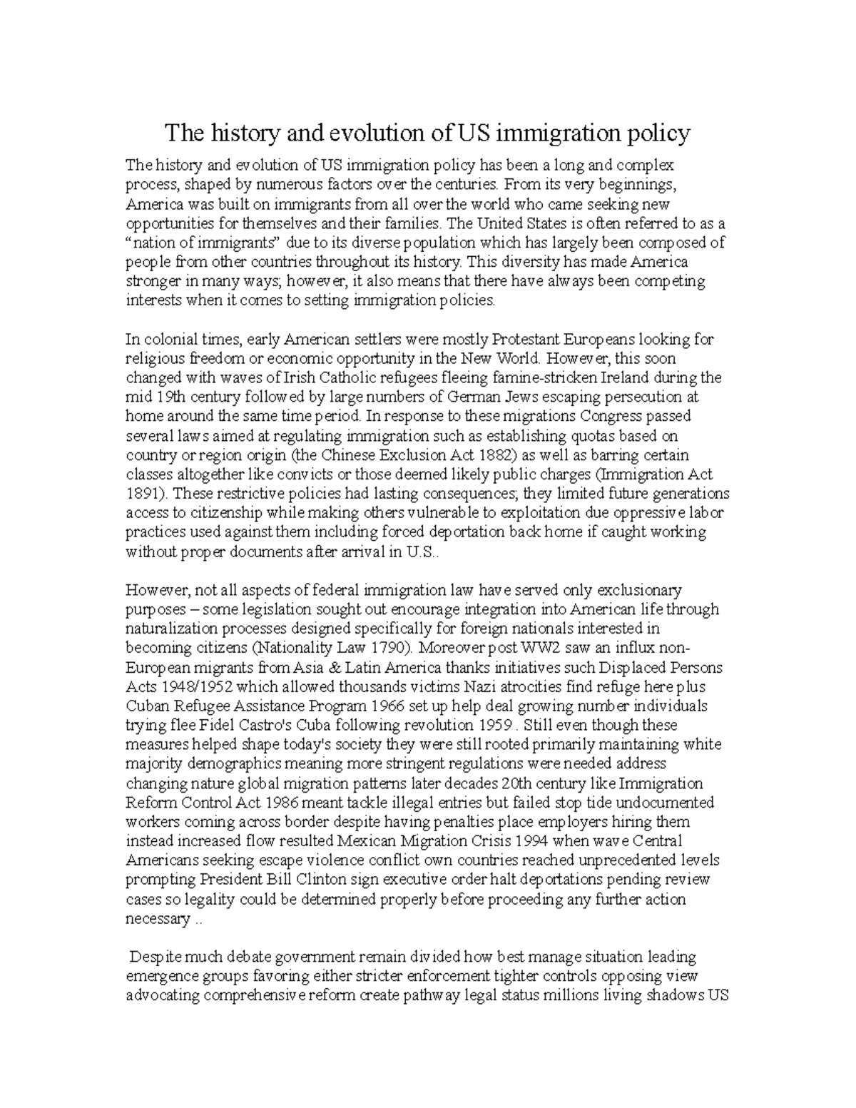 The history and evolution of US immigration policy - From its very ...