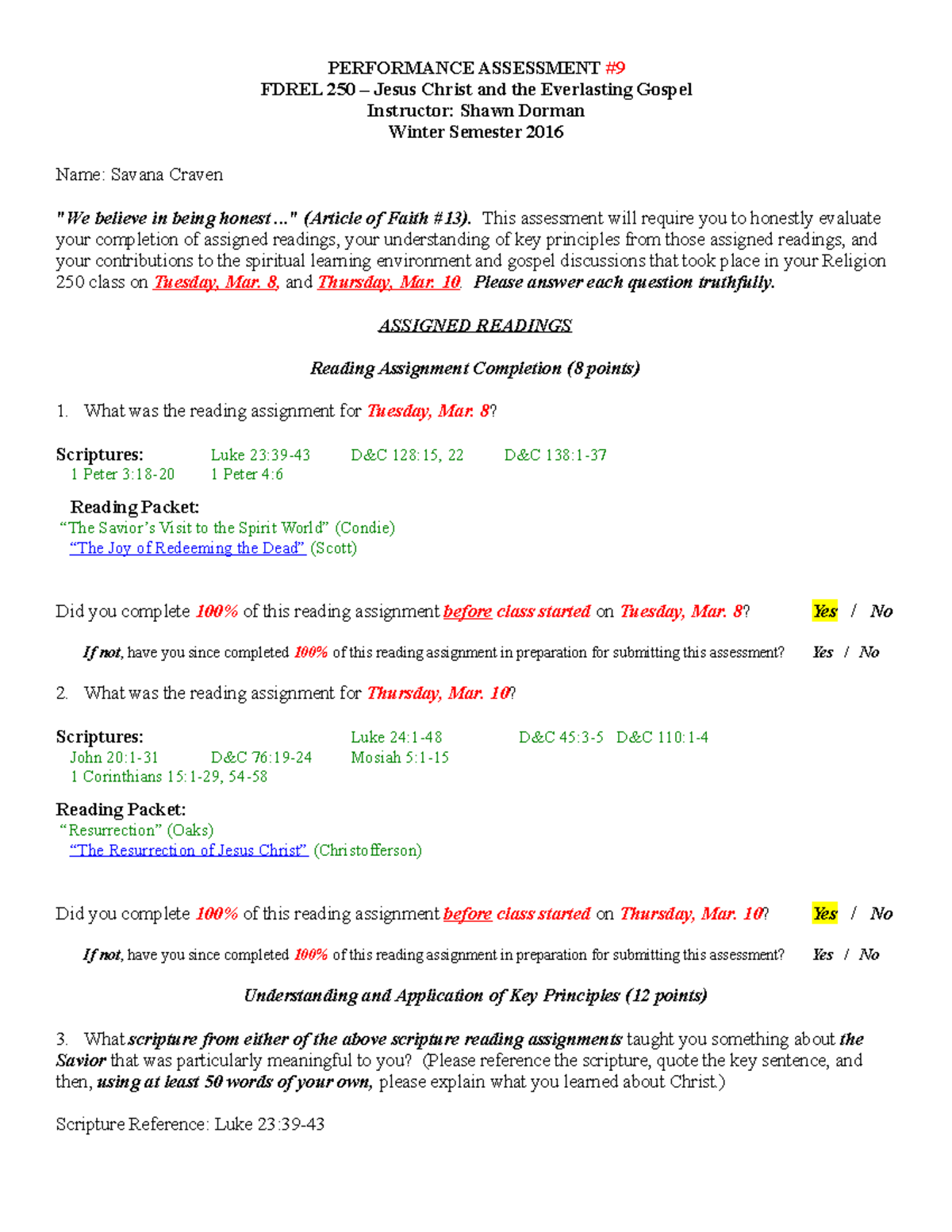 Religion Assessment 9 - PERFORMANCE ASSESSMENT #9 FDREL 250 – Jesus ...