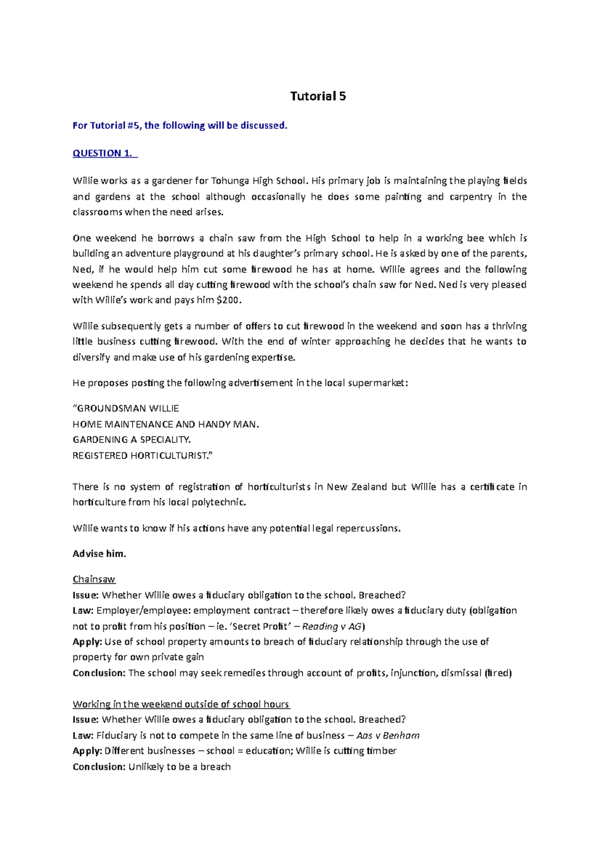 Comlaw 101 Tutorial Five 2019 Sem2 - Tutorial 5 For Tutorial #5, the following will be discussed ...