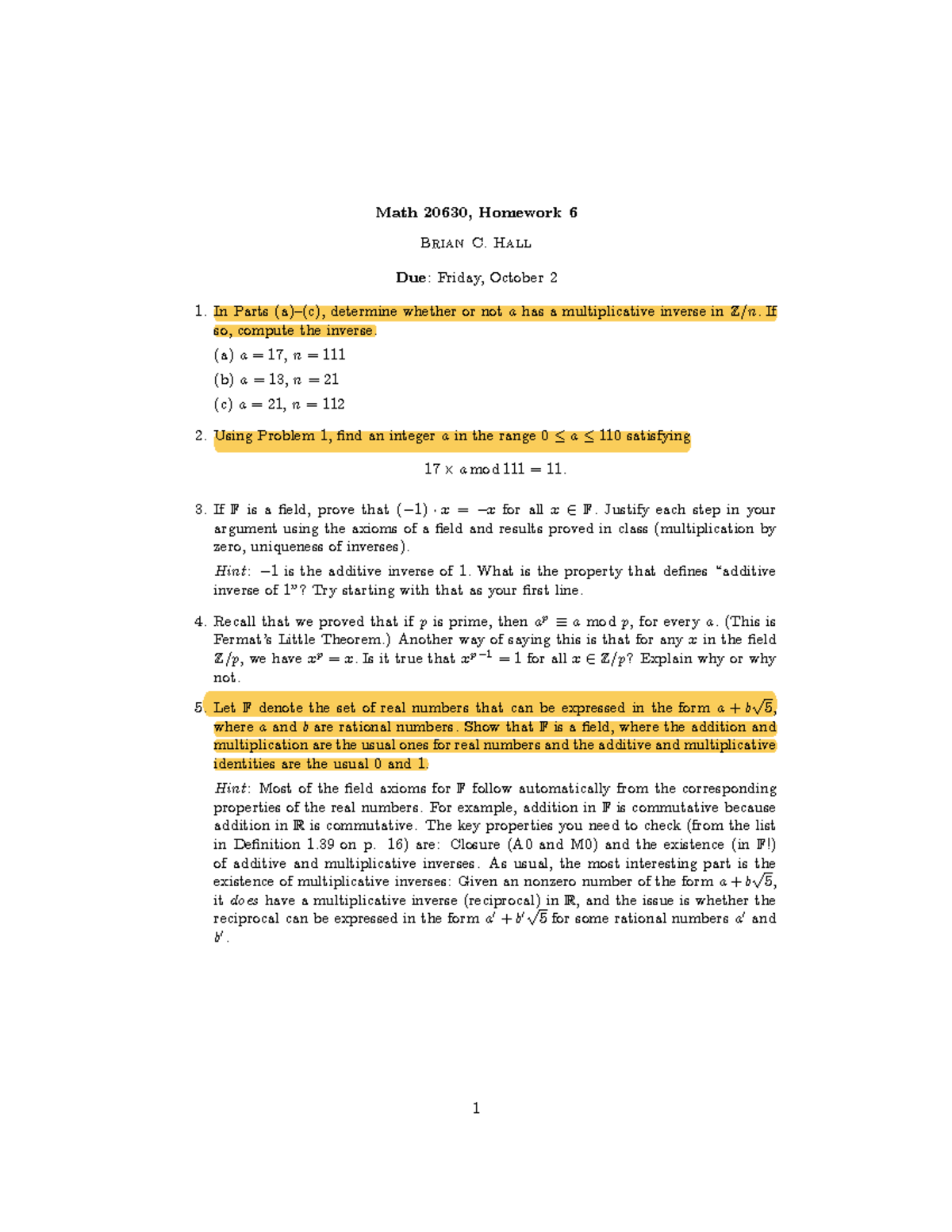 HW6 - Brian C. Hall - Math 20630, Homework 6 Brian C. Hall Due: Friday ...