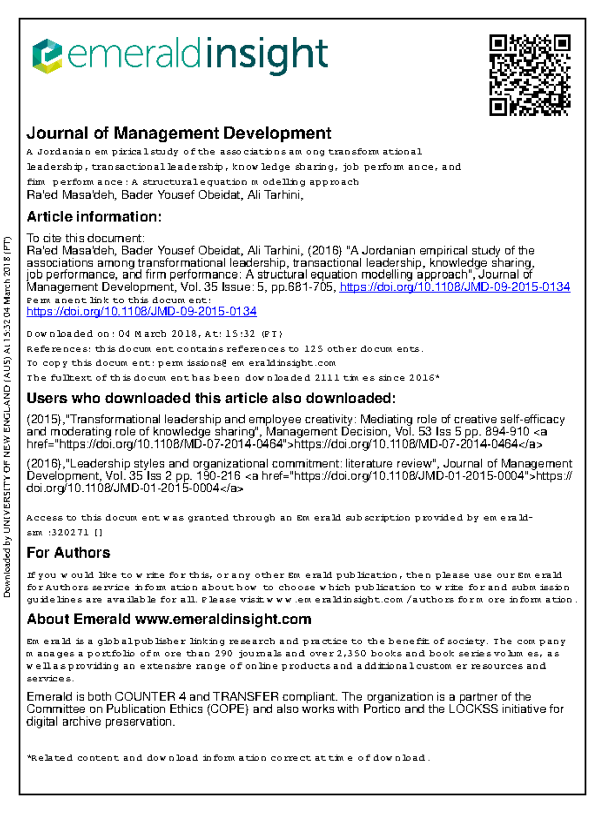 Leadership Cluster B JOMD - Journal of Management Development A ...