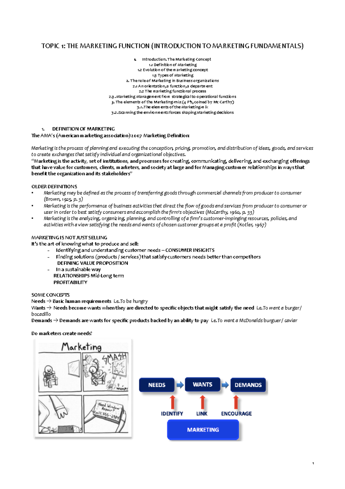 TEMA 1 - Fundamentos de Marketing - TOPIC 1: THE MARKETING FUNCTION ...