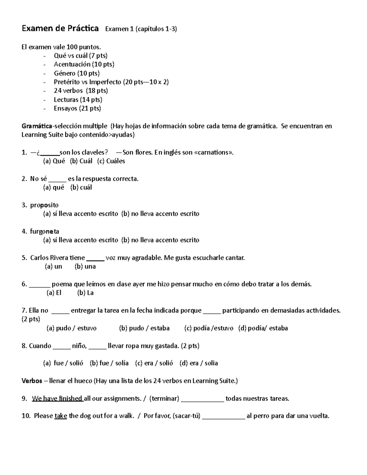 Exam de Práctica exam 1 - Examen de Práctica Examen 1 (capítulos 1-3 ...
