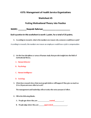 Worksheet #3 - H375: Management of Health Service Organizations ...